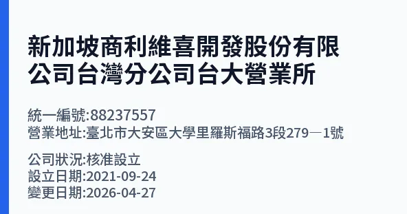 新加坡商利維喜開發股份有限公司台灣分公司台大營業所的照片-統編 88237557(臺北市) 公司登記資料與營業項目詳細圖表