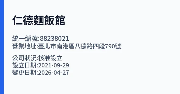 仁德麵飯館的照片-統編 88238021(臺北市) 公司登記資料與營業項目詳細圖表