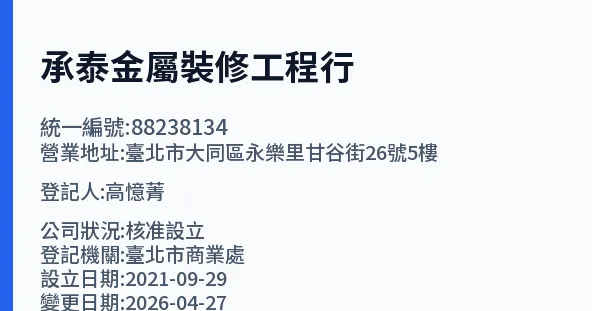 承泰金屬裝修工程行的照片-統編 88238134(臺北市) 公司登記資料與營業項目詳細圖表