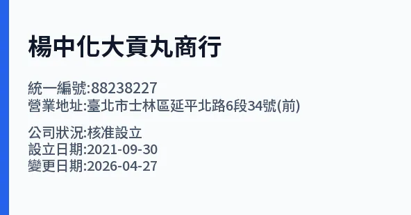 楊中化大貢丸商行的照片-統編 88238227(臺北市) 公司登記資料與營業項目詳細圖表
