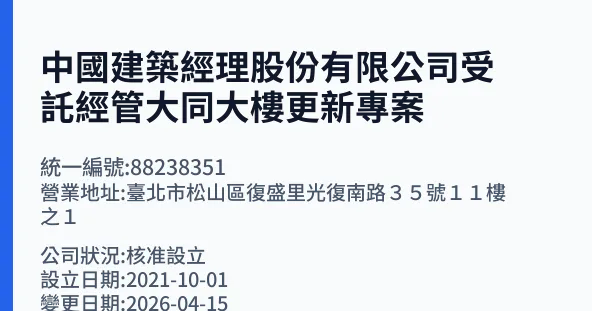 中國建築經理股份有限公司受託經管大同大樓更新專案的照片-統編 88238351(臺北市) 公司登記資料與營業項目詳細圖表