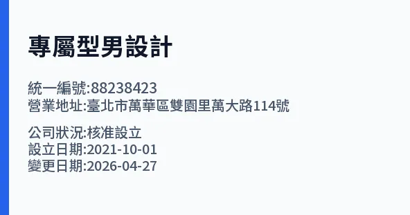專屬型男設計的照片-統編 88238423(臺北市) 公司登記資料與營業項目詳細圖表
