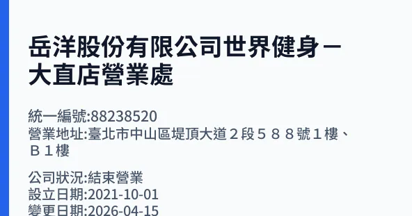 岳洋股份有限公司世界健身－大直店營業處的照片-統編 88238520(臺北市) 公司登記資料與營業項目詳細圖表