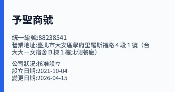 予聖商號的照片-統編 88238541(臺北市) 公司登記資料與營業項目詳細圖表