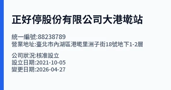 正好停股份有限公司大港墘站的照片-統編 88238789(臺北市) 公司登記資料與營業項目詳細圖表