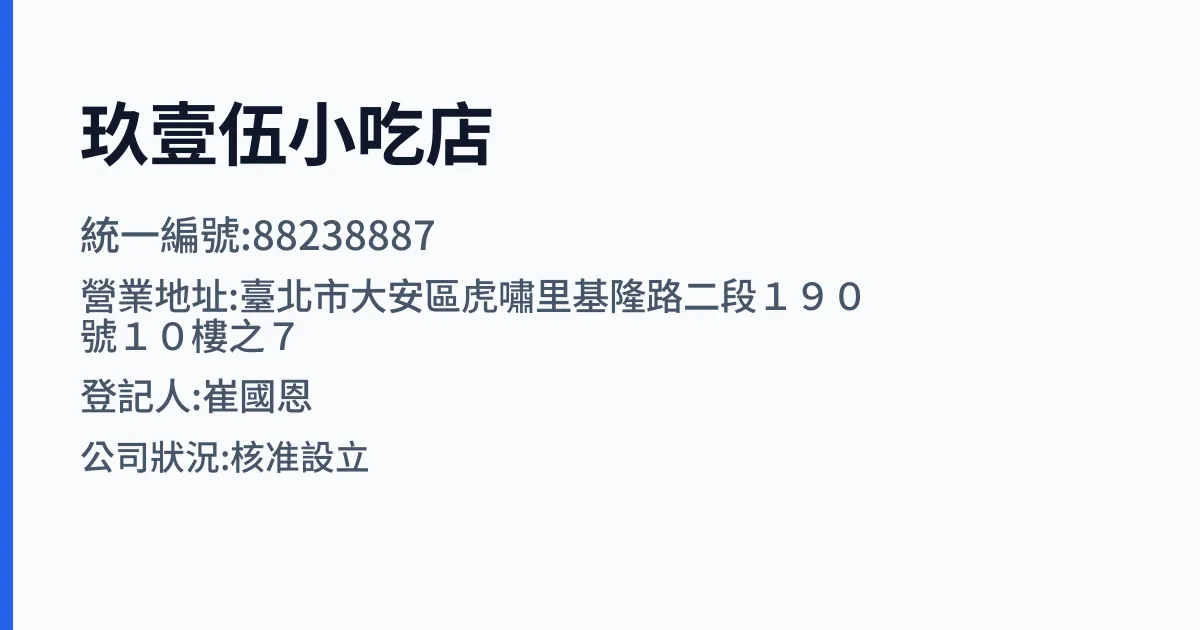 玖壹伍小吃店 - 統編 88238887(臺北市) 公司登記資料與營業項目詳細圖表