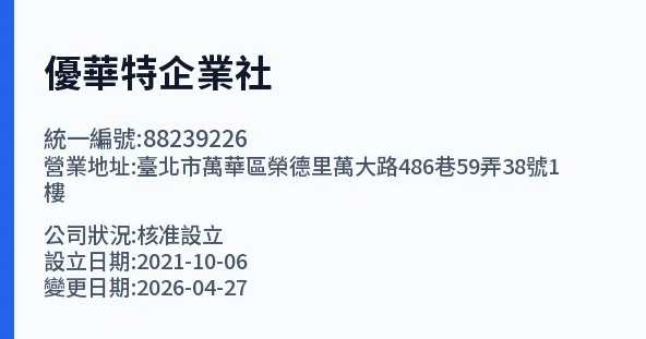 優華特企業社的照片-統編 88239226(臺北市) 公司登記資料與營業項目詳細圖表