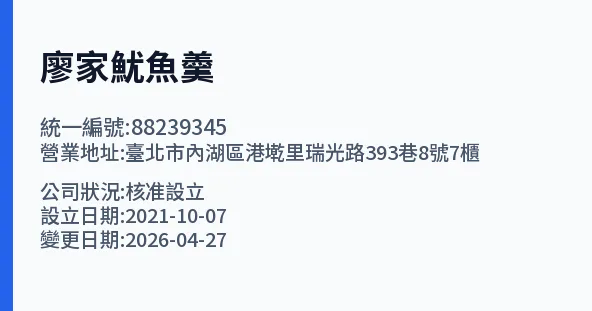 廖家魷魚羹的照片-統編 88239345(臺北市) 公司登記資料與營業項目詳細圖表