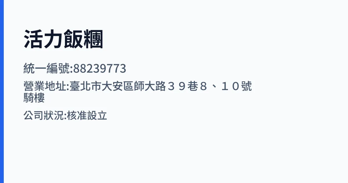 活力飯糰 - 統編 88239773(臺北市) 公司登記資料與營業項目詳細圖表