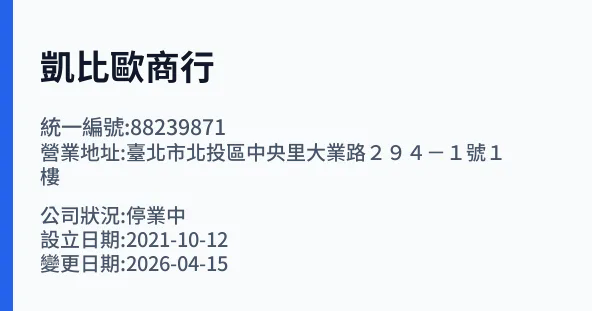 凱比歐商行的照片-統編 88239871(臺北市) 公司登記資料與營業項目詳細圖表