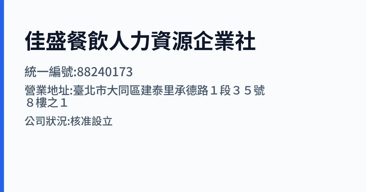佳盛餐飲人力資源企業社 - 統編 88240173(臺北市) 公司登記資料與營業項目詳細圖表