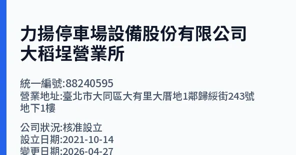 力揚停車場設備股份有限公司大稻埕營業所的照片-統編 88240595(臺北市) 公司登記資料與營業項目詳細圖表