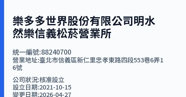 樂多多世界股份有限公司明水然樂信義松菸營業所的照片-統編 88240700(臺北市) 公司登記資料與營業項目詳細圖表