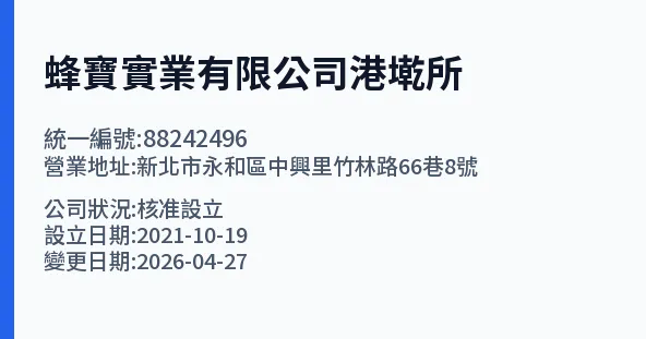 蜂寶實業有限公司港墘所的照片-統編 88242496(新北市) 公司登記資料與營業項目詳細圖表