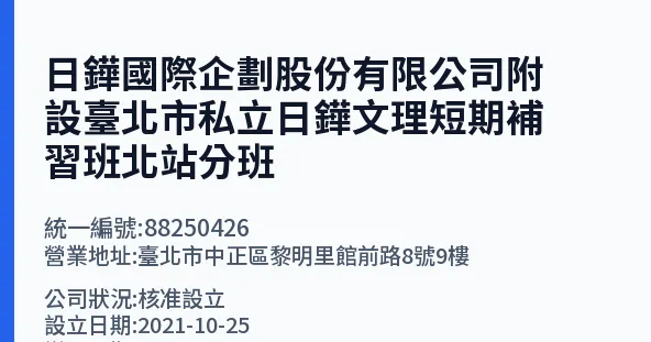 日鏵國際企劃股份有限公司附設臺北市私立日鏵文理短期補習班北站分班的照片-統編 88250426(臺北市) 公司登記資料與營業項目詳細圖表
