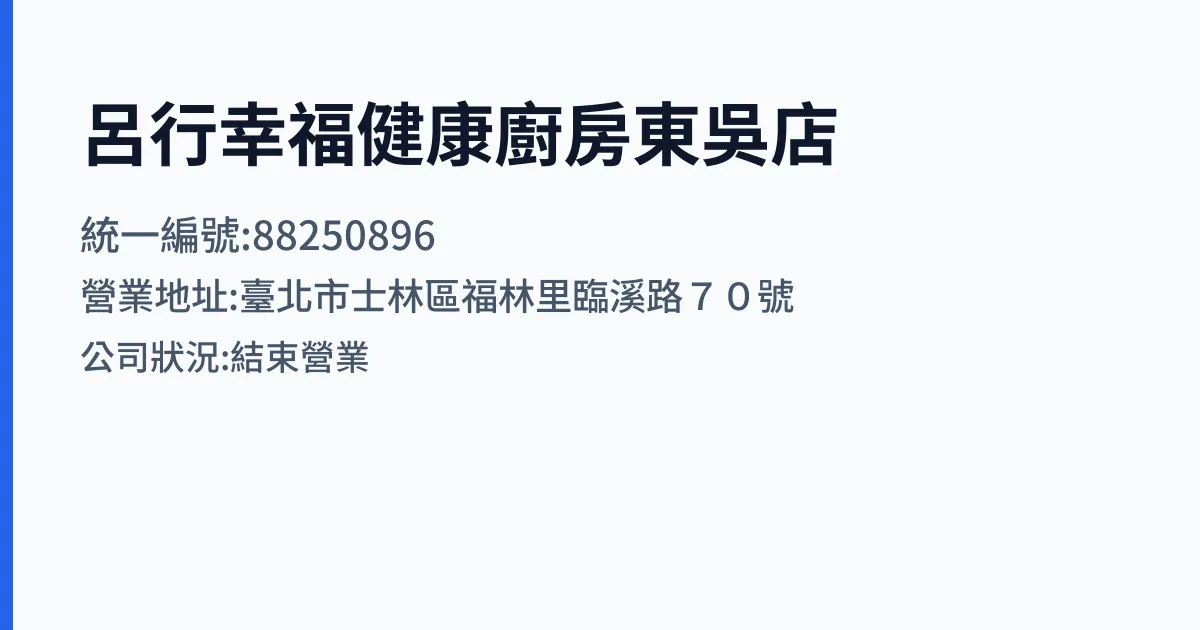 呂行幸福健康廚房東吳店 - 統編 88250896(臺北市) 公司登記資料與營業項目詳細圖表