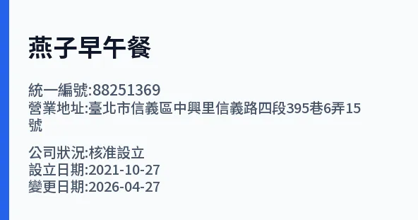 燕子早午餐的照片-統編 88251369(臺北市) 公司登記資料與營業項目詳細圖表