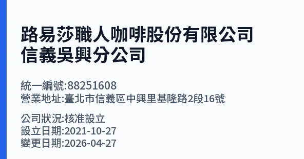 路易莎職人咖啡股份有限公司信義吳興分公司的照片-統編 88251608(臺北市) 公司登記資料與營業項目詳細圖表