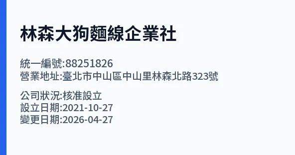 林森大狗麵線企業社的照片-統編 88251826(臺北市) 公司登記資料與營業項目詳細圖表