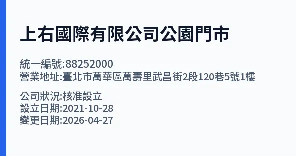 上右國際有限公司公園門市的照片-統編 88252000(臺北市) 公司登記資料與營業項目詳細圖表
