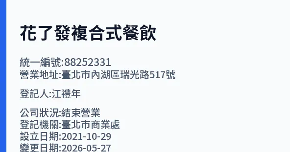 花了發複合式餐飲的照片-統編 88252331(臺北市) 公司登記資料與營業項目詳細圖表