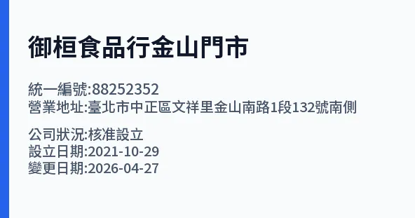 御桓食品行金山門市的照片-統編 88252352(臺北市) 公司登記資料與營業項目詳細圖表