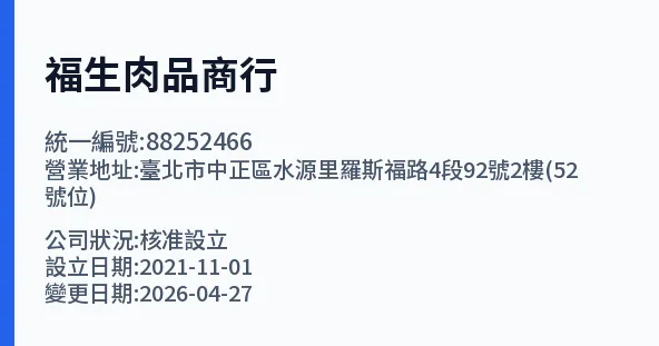 福生肉品商行的照片-統編 88252466(臺北市) 公司登記資料與營業項目詳細圖表