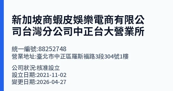 新加坡商蝦皮娛樂電商有限公司台灣分公司中正台大營業所的照片-統編 88252748(臺北市) 公司登記資料與營業項目詳細圖表
