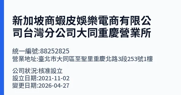 新加坡商蝦皮娛樂電商有限公司台灣分公司大同重慶營業所的照片-統編 88252825(臺北市) 公司登記資料與營業項目詳細圖表
