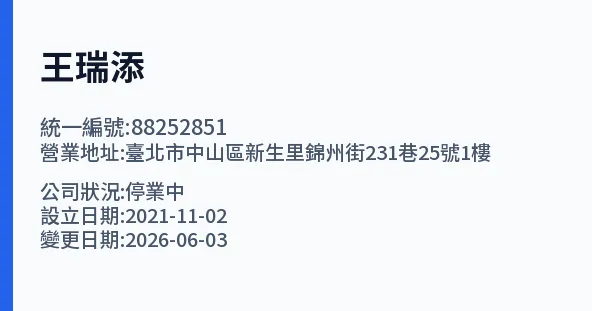 王瑞添的照片-統編 88252851(臺北市) 公司登記資料與營業項目詳細圖表