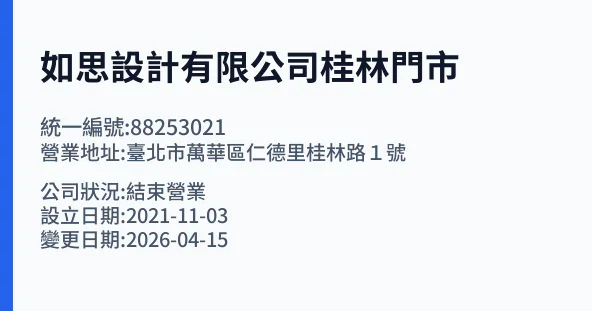 如思設計有限公司桂林門市的照片-統編 88253021(臺北市) 公司登記資料與營業項目詳細圖表
