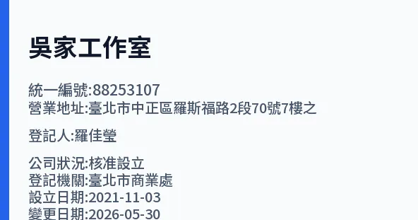 吳家工作室的照片-統編 88253107(臺北市) 公司登記資料與營業項目詳細圖表