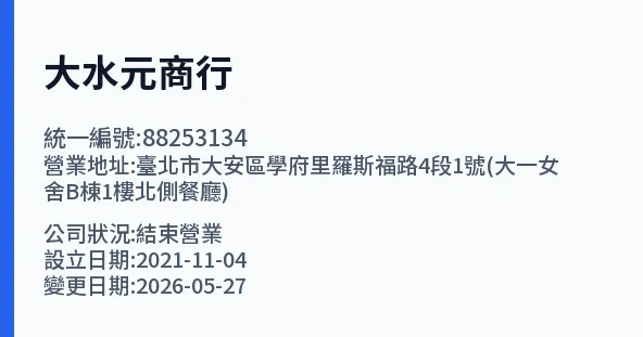 大水元商行的照片-統編 88253134(臺北市) 公司登記資料與營業項目詳細圖表