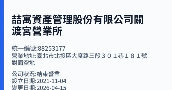 喆寓資產管理股份有限公司關渡宮營業所的照片-統編 88253177(臺北市) 公司登記資料與營業項目詳細圖表