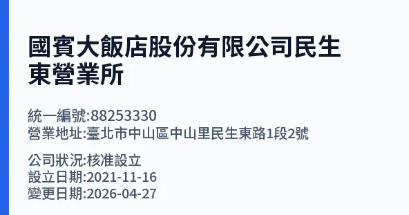 國賓大飯店股份有限公司民生東營業所的照片-統編 88253330(臺北市) 公司登記資料與營業項目詳細圖表