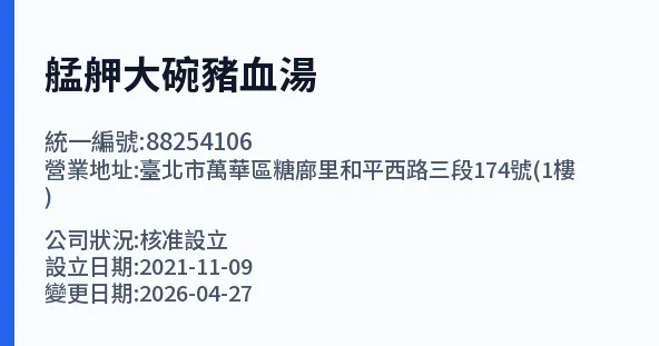 艋舺大碗豬血湯的照片-統編 88254106(臺北市) 公司登記資料與營業項目詳細圖表