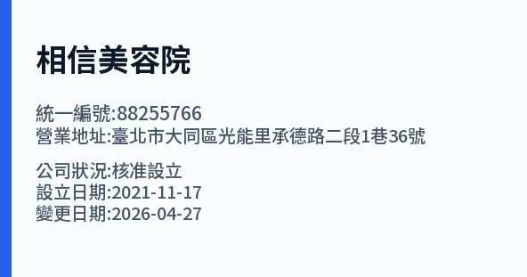 相信美容院的照片-統編 88255766(臺北市) 公司登記資料與營業項目詳細圖表