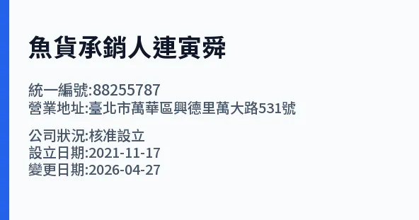 魚貨承銷人連寅舜的照片-統編 88255787(臺北市) 公司登記資料與營業項目詳細圖表