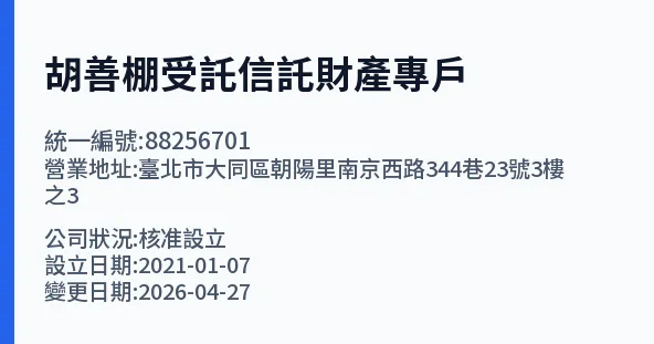 胡善棚受託信託財產專戶的照片-統編 88256701(臺北市) 公司登記資料與營業項目詳細圖表
