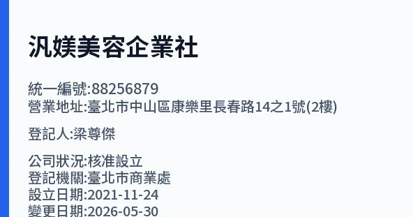 汎媄美容企業社的照片-統編 88256879(臺北市) 公司登記資料與營業項目詳細圖表