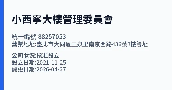 小西寧大樓管理委員會的照片-統編 88257053(臺北市) 公司登記資料與營業項目詳細圖表