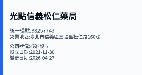 光點信義松仁藥局的照片-統編 88257743(臺北市) 公司登記資料與營業項目詳細圖表