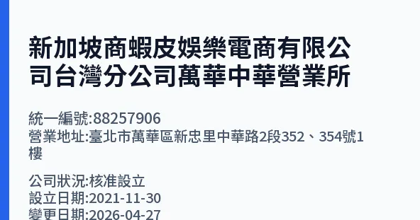 新加坡商蝦皮娛樂電商有限公司台灣分公司萬華中華營業所的照片-統編 88257906(臺北市) 公司登記資料與營業項目詳細圖表