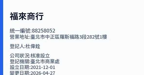 福來商行的照片-統編 88258052(臺北市) 公司登記資料與營業項目詳細圖表