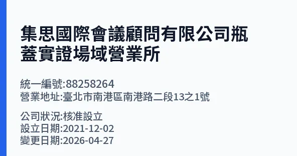 集思國際會議顧問有限公司瓶蓋實證場域營業所的照片-統編 88258264(臺北市) 公司登記資料與營業項目詳細圖表