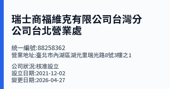 瑞士商福維克有限公司台灣分公司台北營業處的照片-統編 88258362(臺北市) 公司登記資料與營業項目詳細圖表