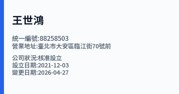王世鴻的照片-統編 88258503(臺北市) 公司登記資料與營業項目詳細圖表