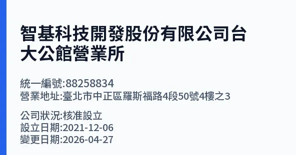 智基科技開發股份有限公司台大公館營業所的照片-統編 88258834(臺北市) 公司登記資料與營業項目詳細圖表