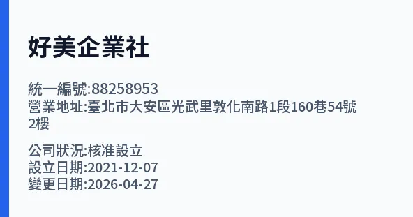 好美企業社的照片-統編 88258953(臺北市) 公司登記資料與營業項目詳細圖表