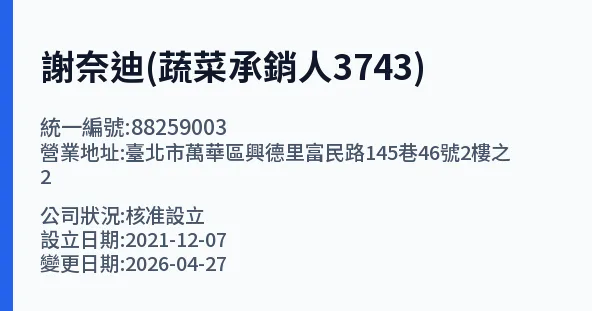 謝奈迪(蔬菜承銷人3743)的照片-統編 88259003(臺北市) 公司登記資料與營業項目詳細圖表